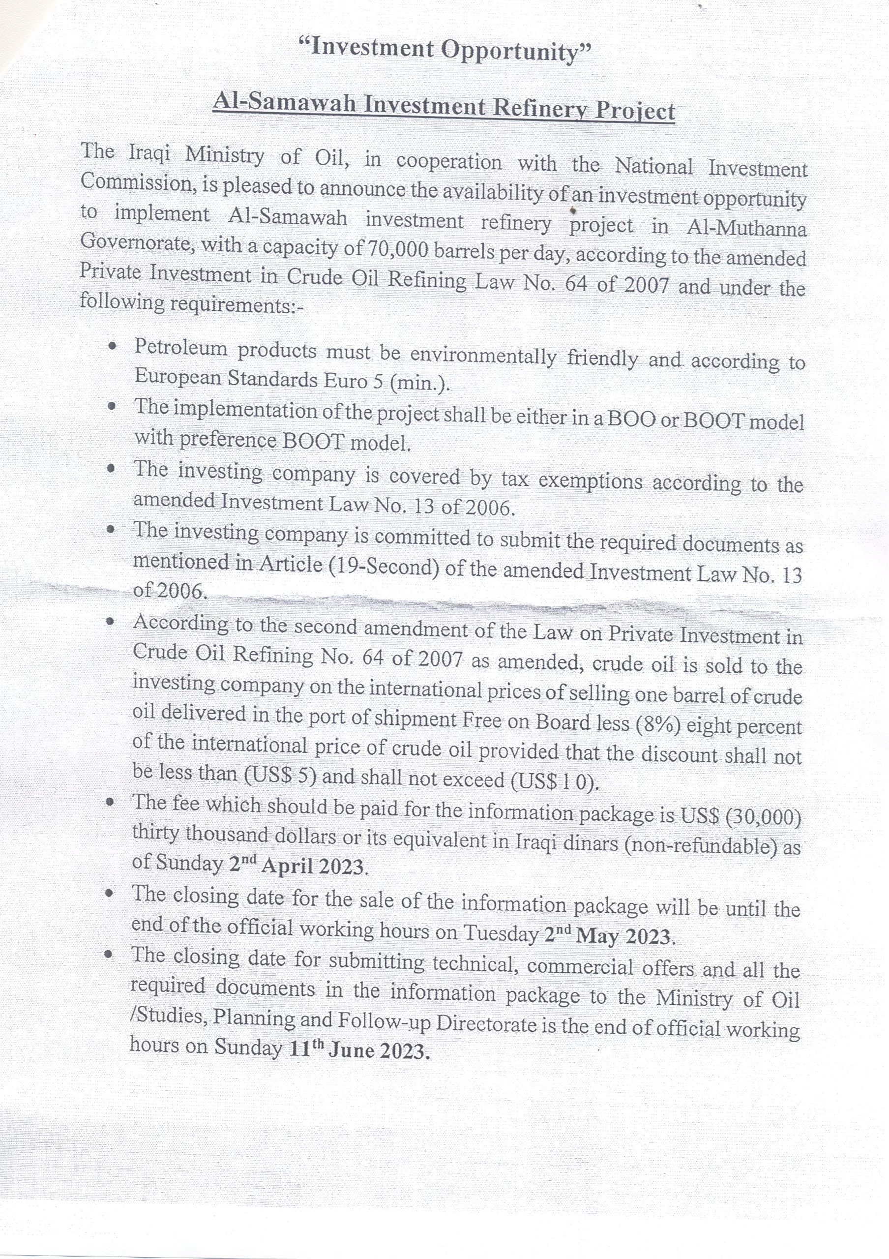 Investment Opportunity – Al- Samawah Investment Refinery Project ...